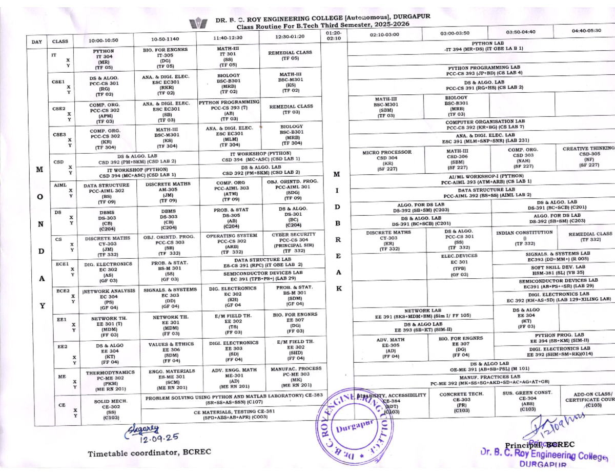 B.Tech 3rd Sem Class Routine (2025-2026) - Dr. B.C. Roy Engineering ...