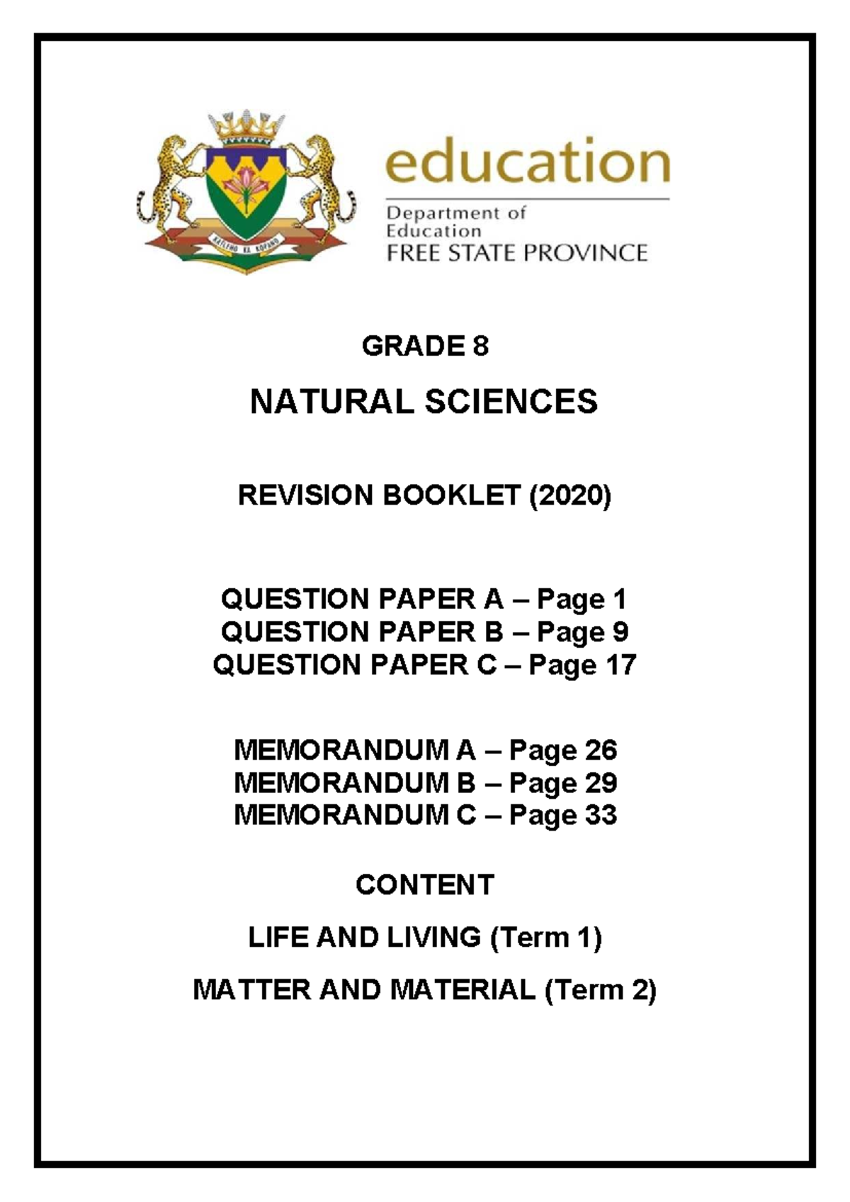 GRADE 8 NATURAL SCIENCES REVISION BOOKLET: TERM 1 & 2 PRACTICE TEST ...