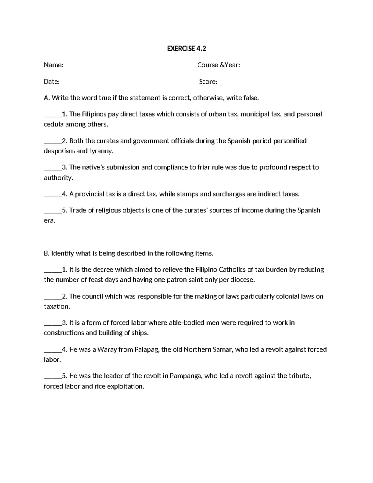 Exercise 4.2-WPS Office - EXERCISE 4. Name: Course &Year: Date: Score ...