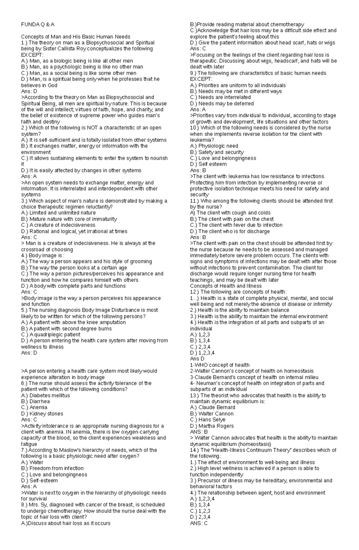 Fundamentals q a reviewer - FUNDA Q & A Concepts of Man and His Basic ...