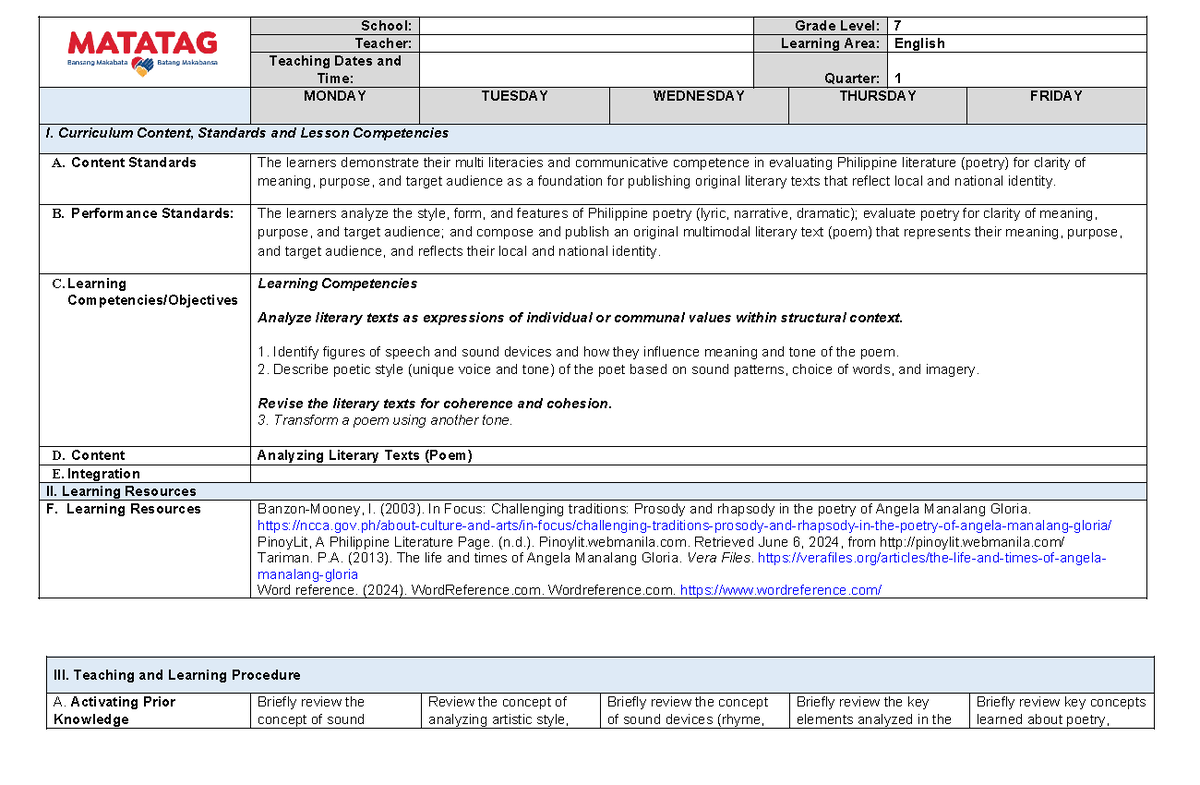 Week 7 Lesson Plan: Analyzing Philippine Poetry in English 7 - Studocu