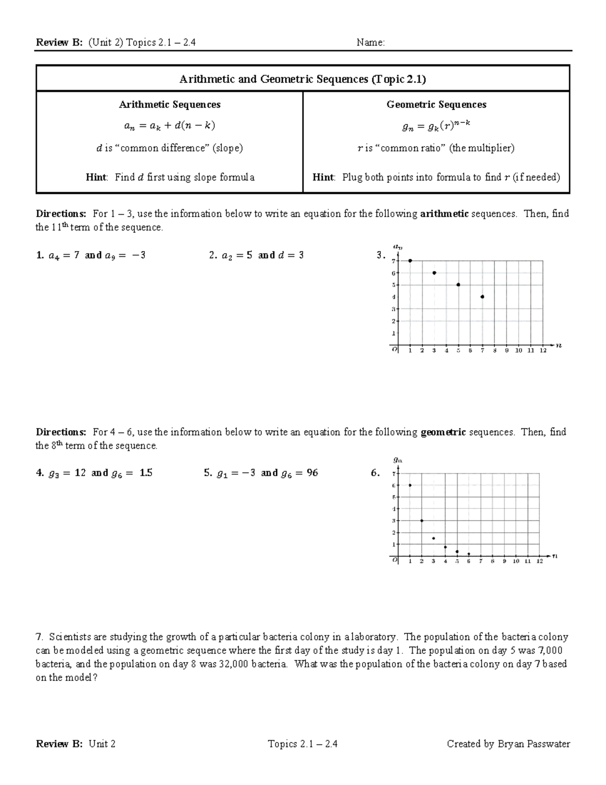 Unit 2 Passwater Reviews: Arithmetic, Geometric, and Exponential ...