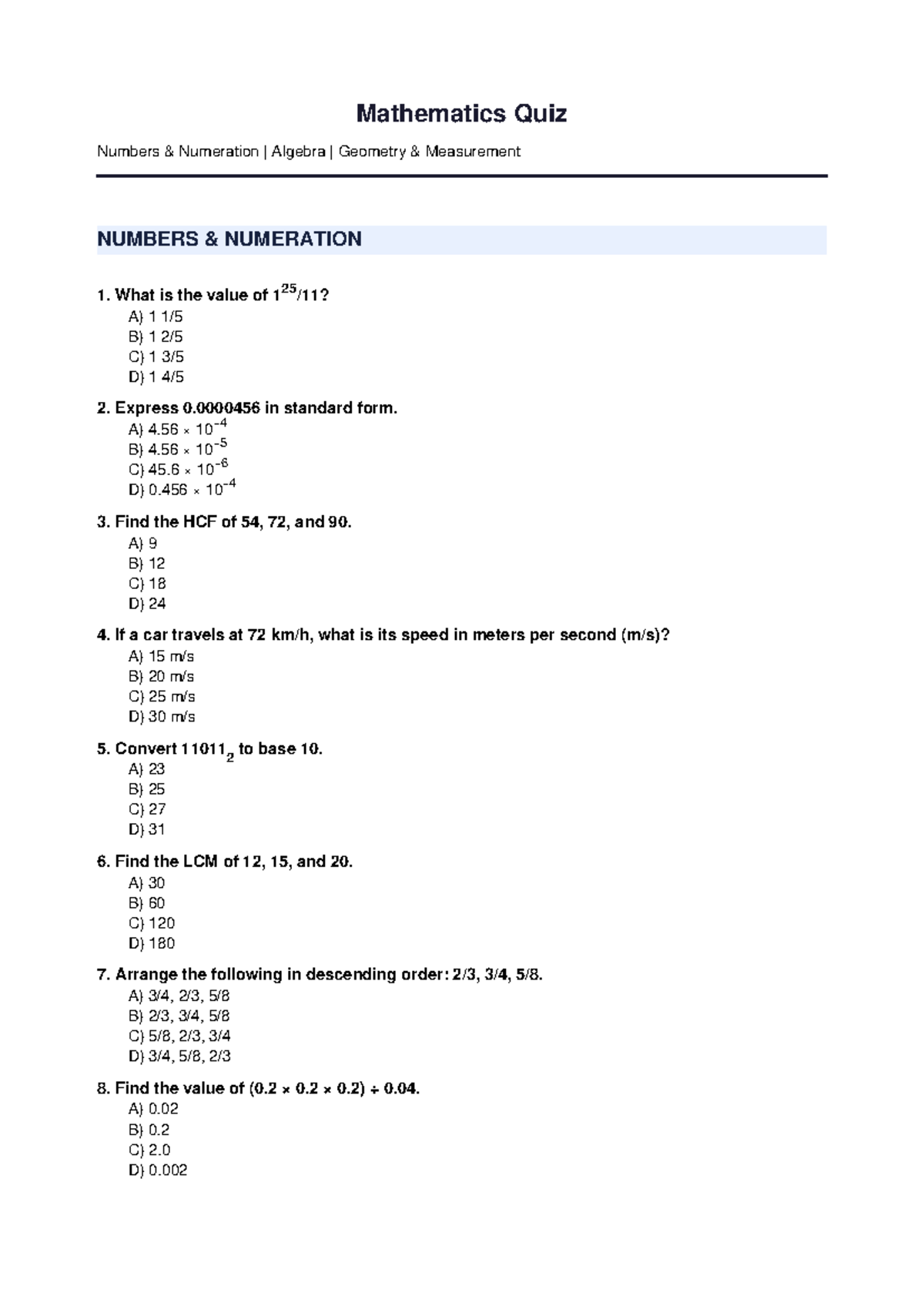 Math Quiz Questions for MTH 101: Numbers, Algebra, Geometry ...