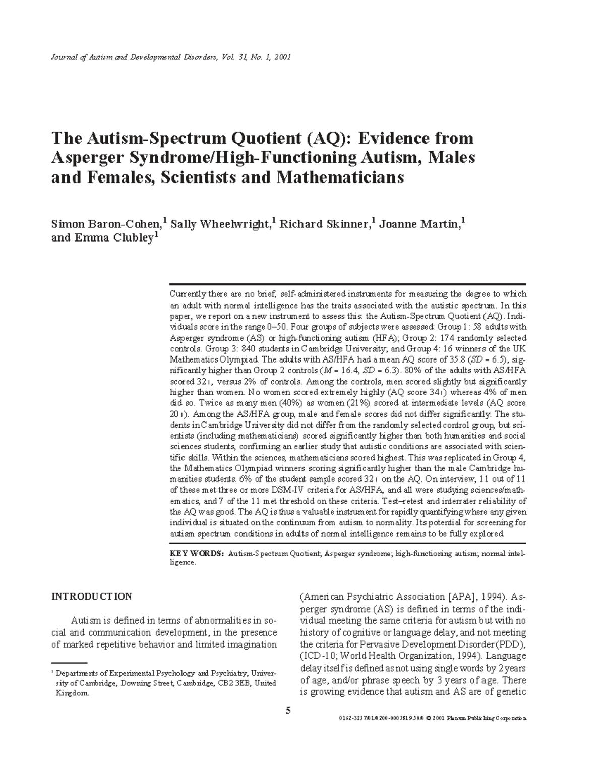 The Quotient (AQ) Assessment: Insights from Autism Research (2001 ...