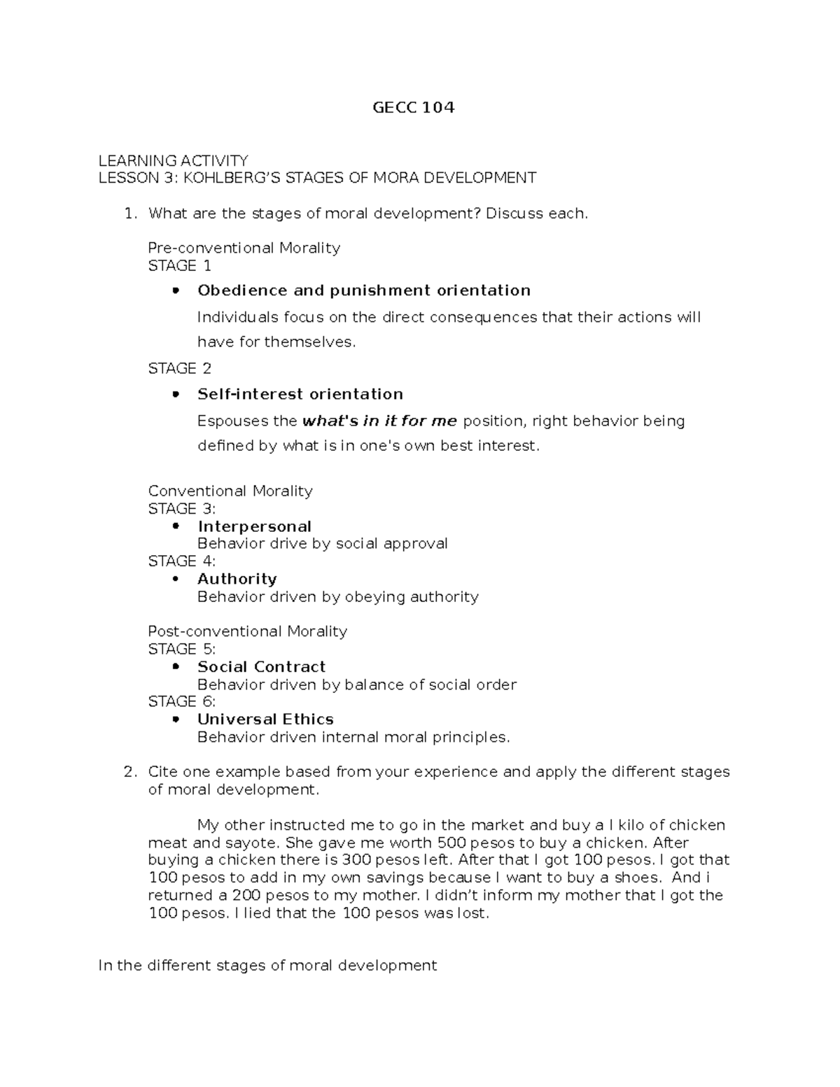 GECC 104 - M2 Lesson 3: Kohlberg's Moral Development Stages - Studocu