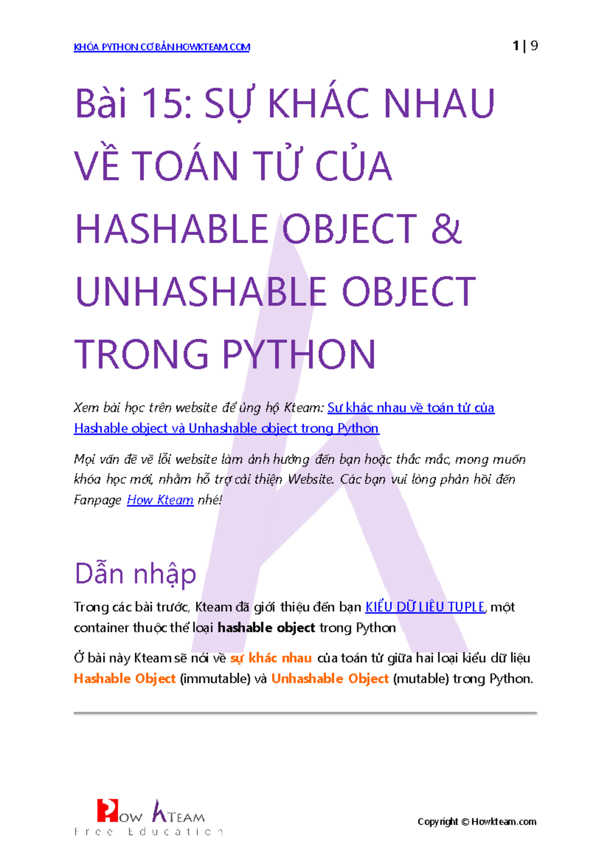 Bài 15: Sự khác nhau giữa Hashable và Unhashable Objects trong Python - Studocu
