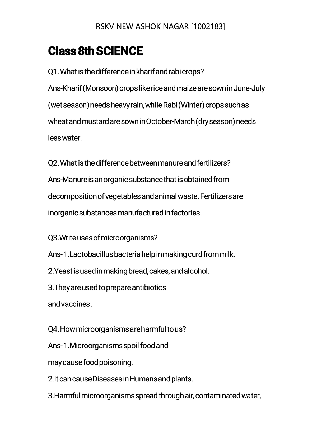 RSKV NEW ASHOK NAGAR Class 8 SCIENCE Important Questions and Answers ...