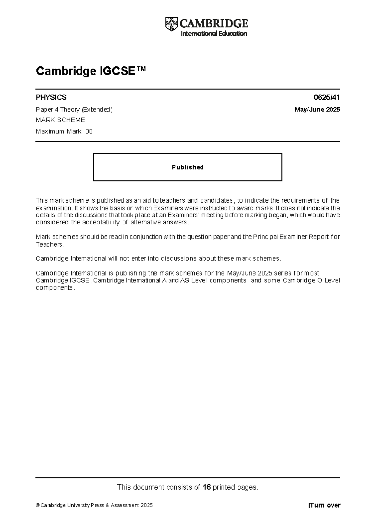 Cambridge IGCSE PHYSICS 0625 Paper 4 Theory Mark Scheme 2025 - Studocu
