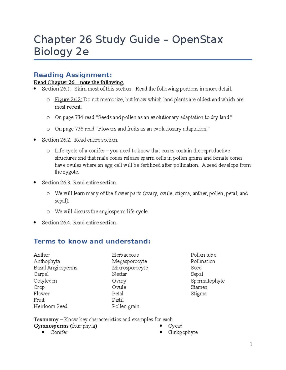 Biology 2e Chapter 26 Study Guide: Evolution of Plants and Adaptations ...