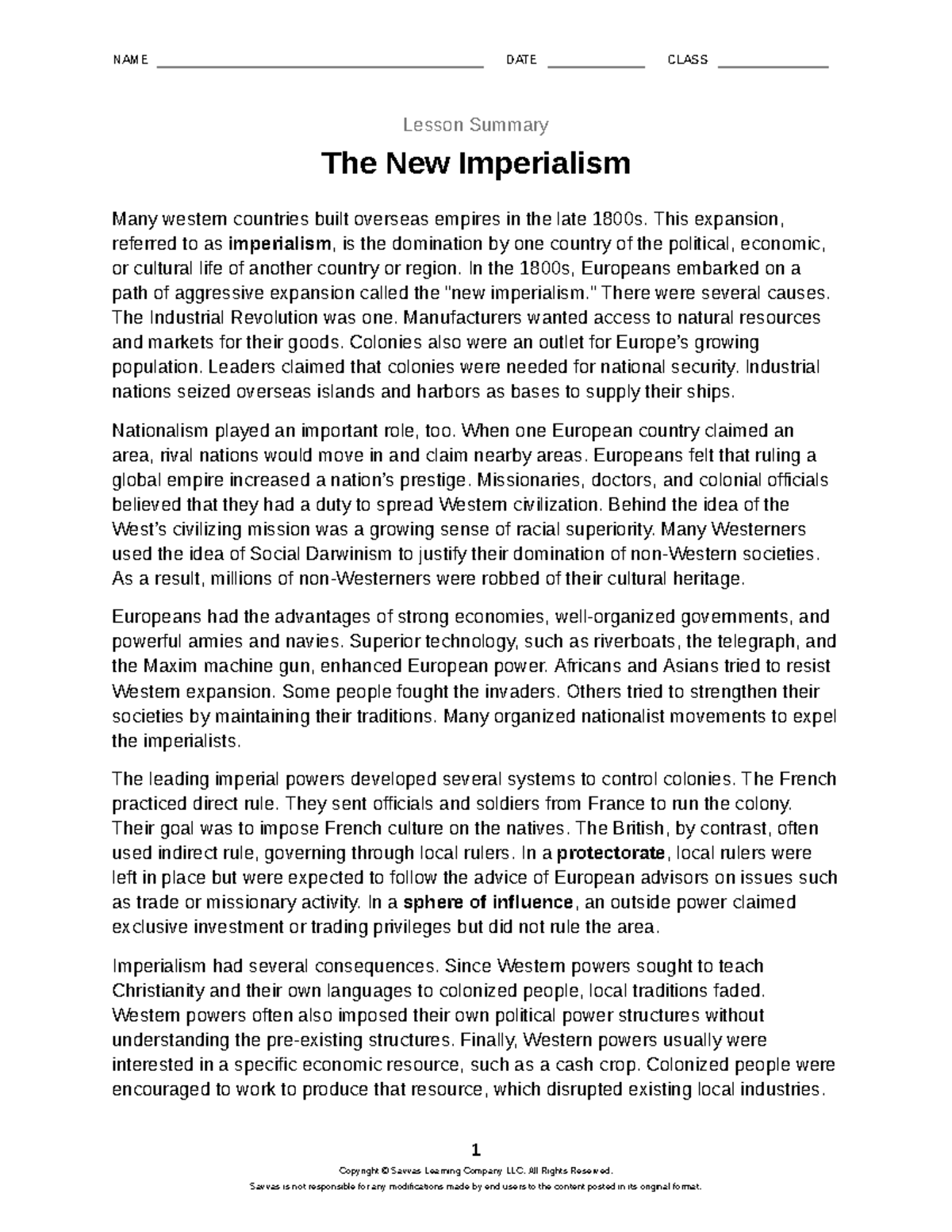 Lesson Summary: The New Imperialism (HIST 201) - Studocu
