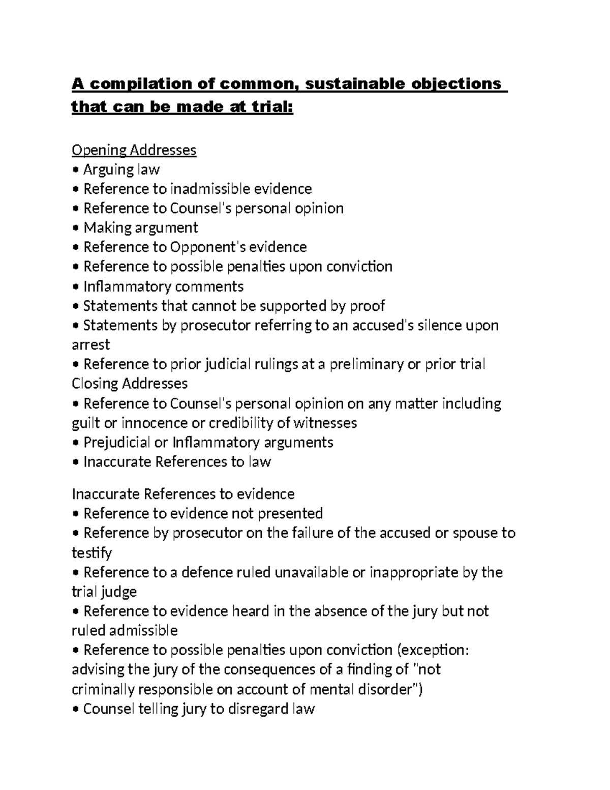 Objections in Trial: Common Sustainable Arguments (LAW 101) - Studocu