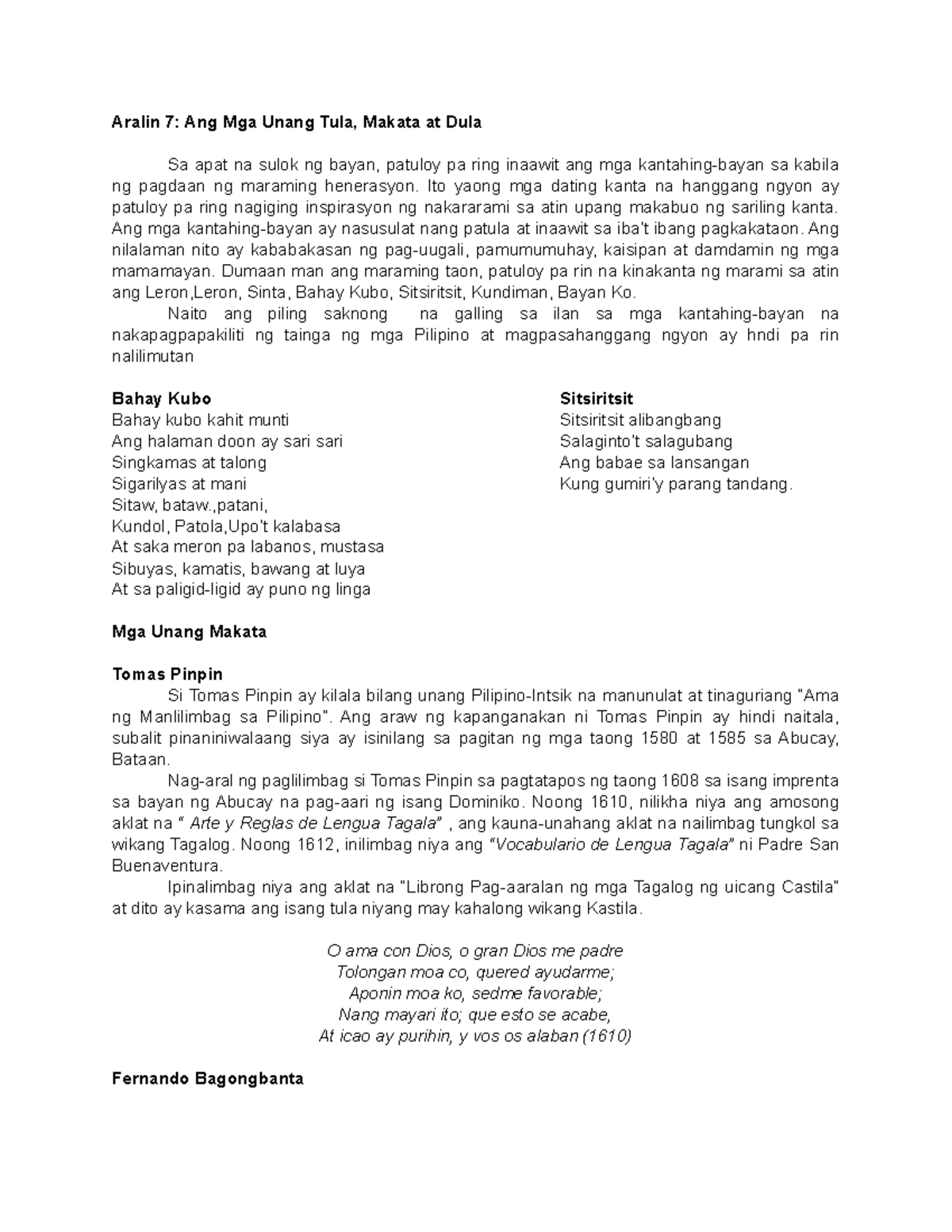 Aralin 7: Kantahing Bayan at Unang Tula, Makata at Dula - Studocu