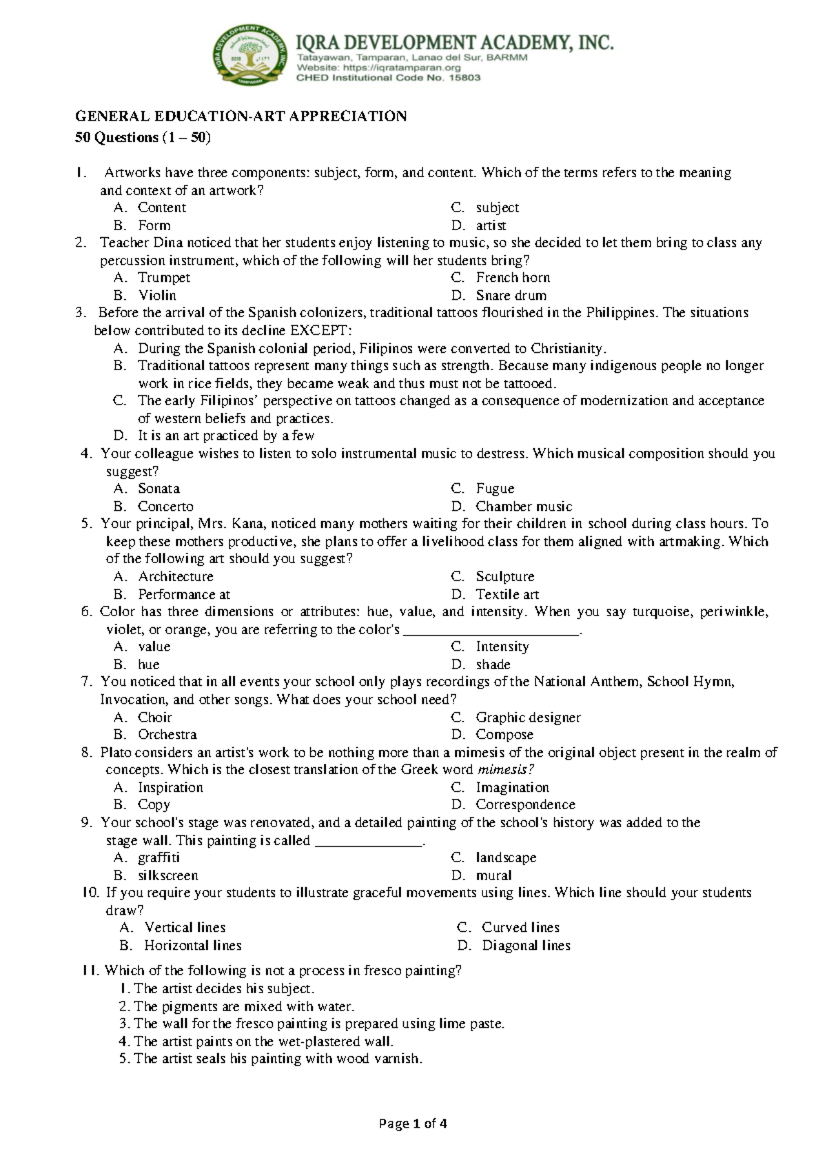 General Education Art Appreciation Review Questions (50 items) - Studocu