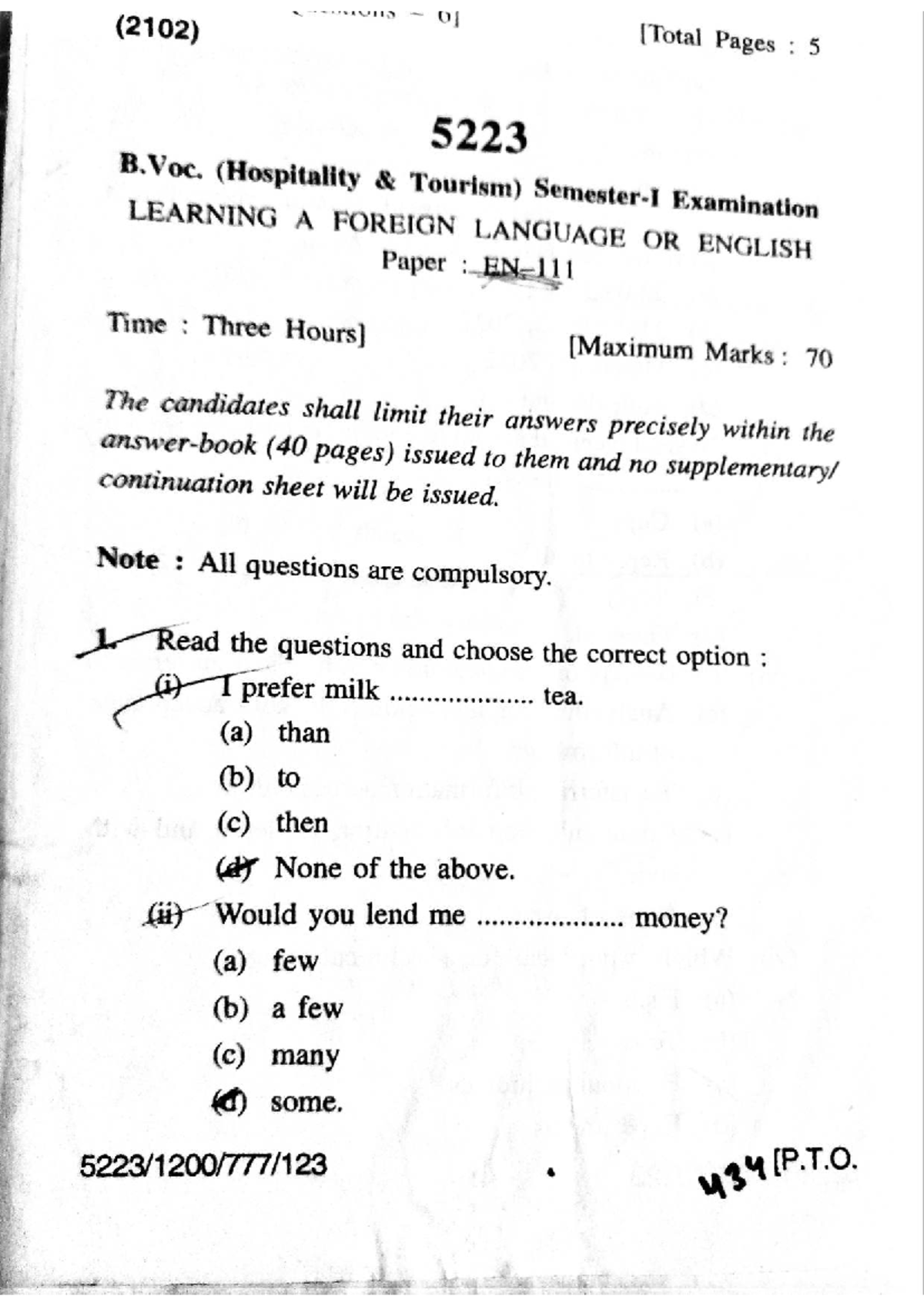 (2102) B.Voc. Hospitality & Tourism Exam Paper 4 - Language Skills ...