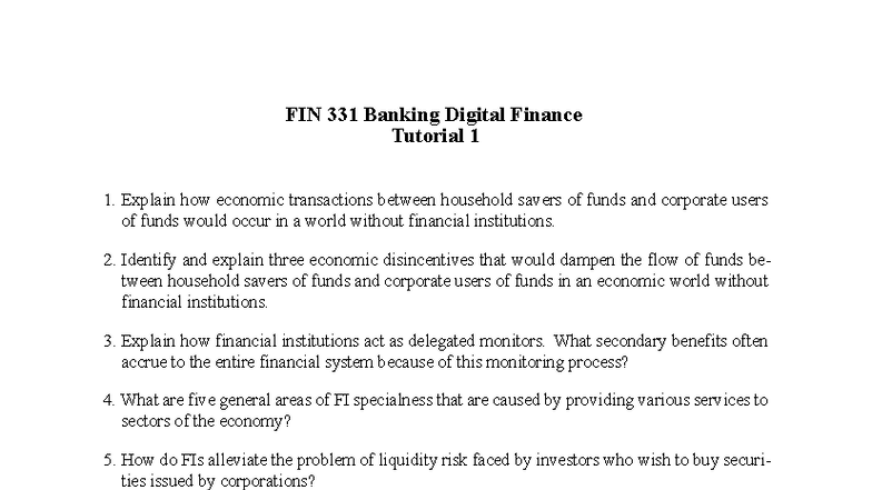 FIN 331 Banking Digital Finance Tutorial 1: Economic Transactions & FI ...