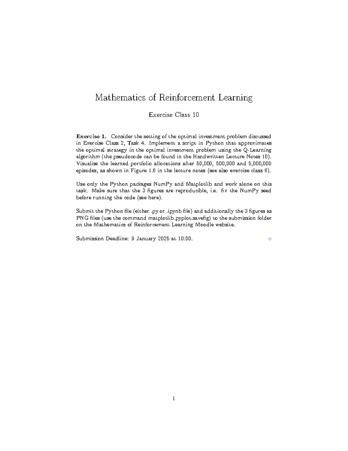 Mathematics of Reinforcement Learning: Class 10 Exercise 1 Guide - Studocu