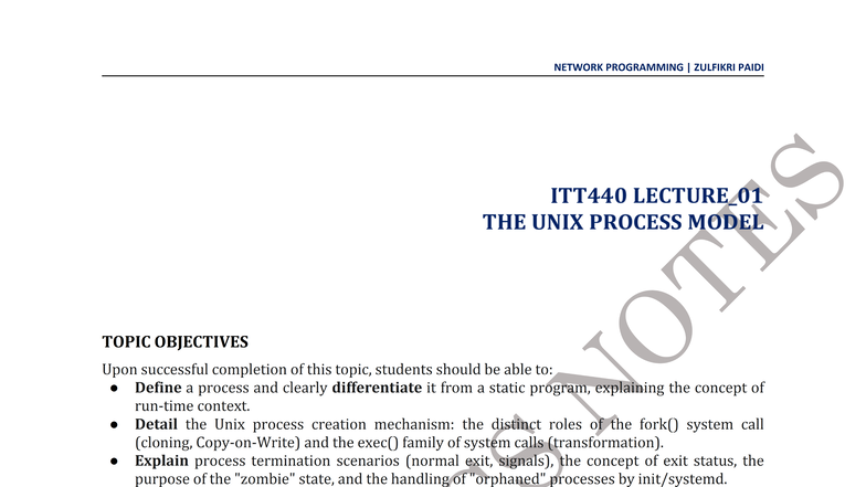 NETWORK PROGRAMMING I ITT440 LECTURE 01: INTRO TO UNIX PROCESS MODEL ...