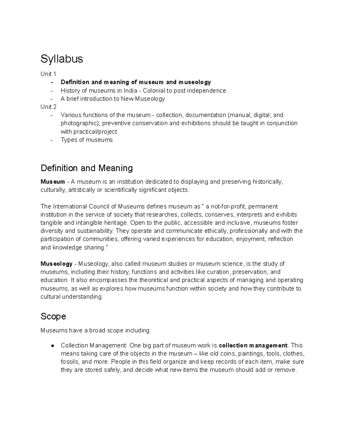 Museum and Museology: Notes for Unit 1 - Definitions & Functions - Studocu