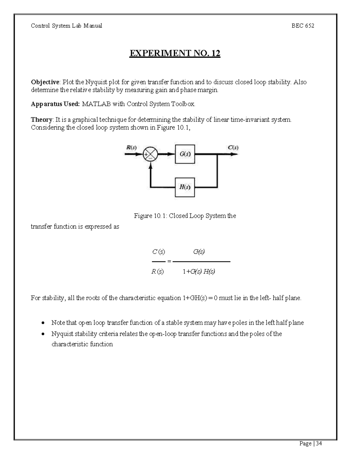 Control System Lab Manual BEC 652: Nyquist Plot & Stability Analysis ...