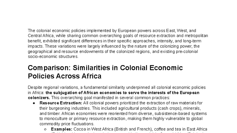 HISTO 101: Colonial Economic Policies in Africa - A Comparative ...
