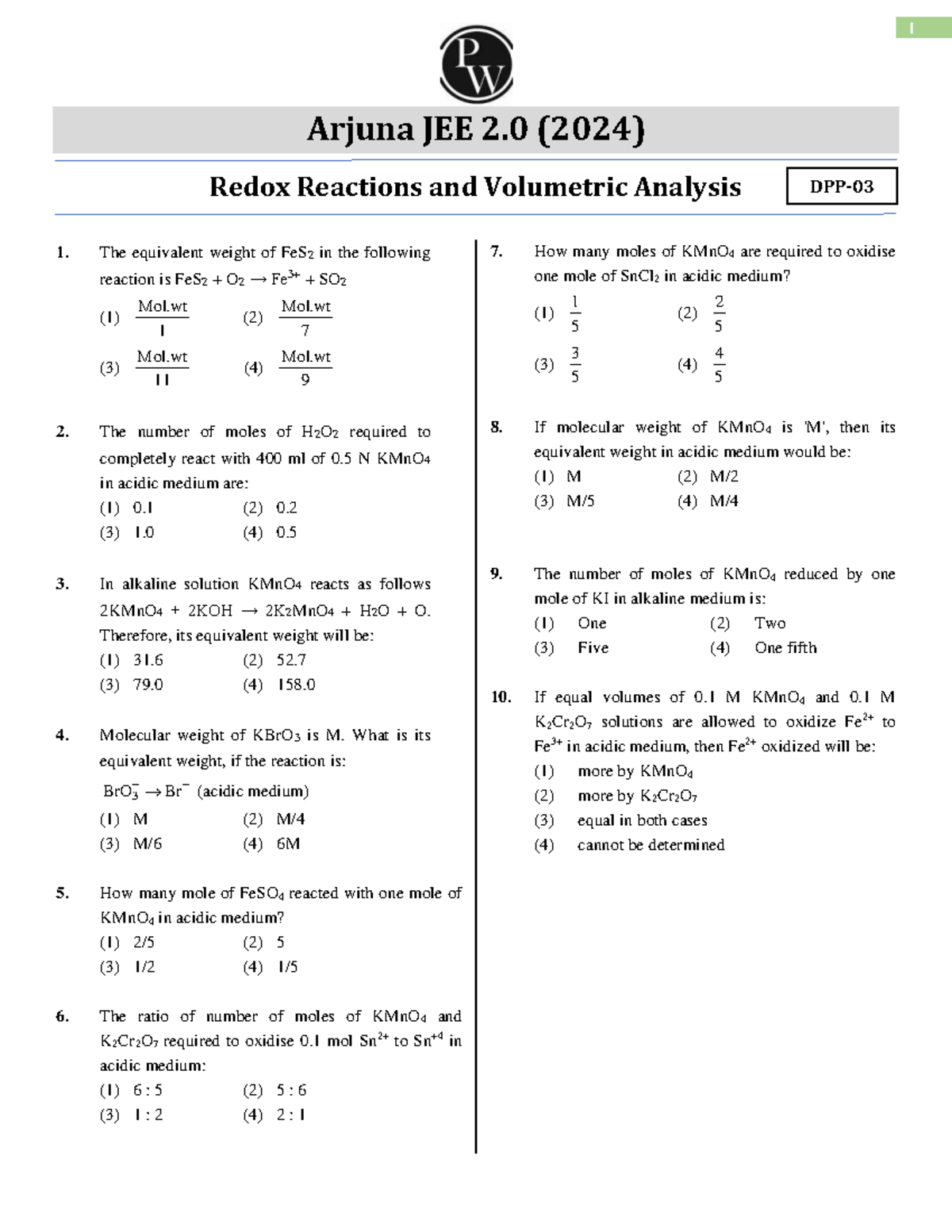 Redox Reactions DPP 03 (Extra) - Arjuna JEE 2.0 (2024) - Studocu