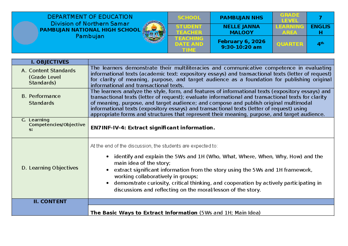 DLP 4th Quarter Lesson Plan: Extracting Information Using 5Ws & Main ...