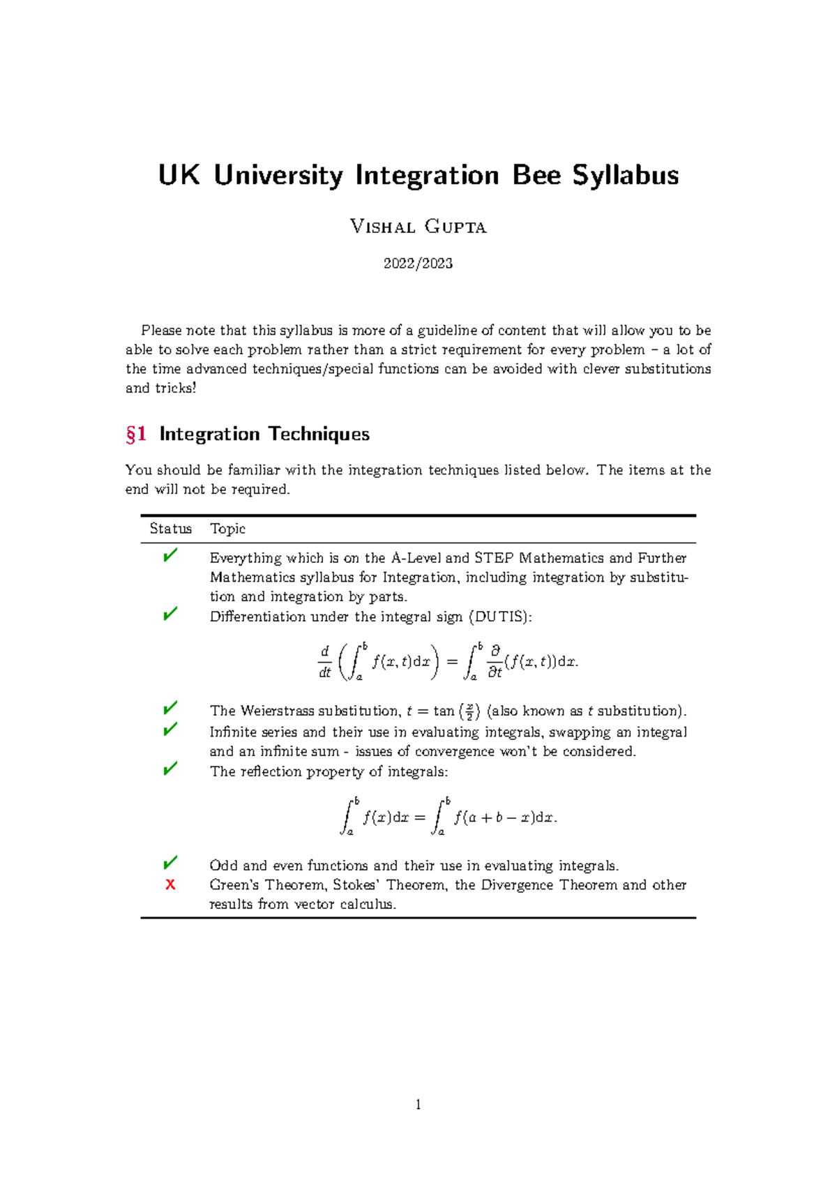 UK University Integration Bee Syllabus: Techniques & Guidelines - Studocu
