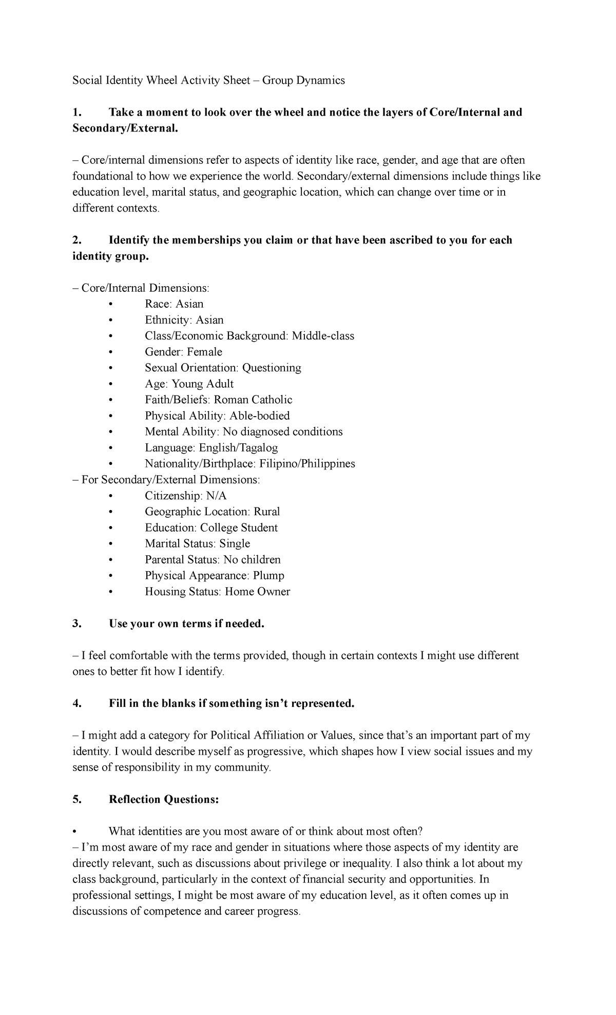 Social Identity Wheel Activity Sheet - Core/internal dimensions refer ...