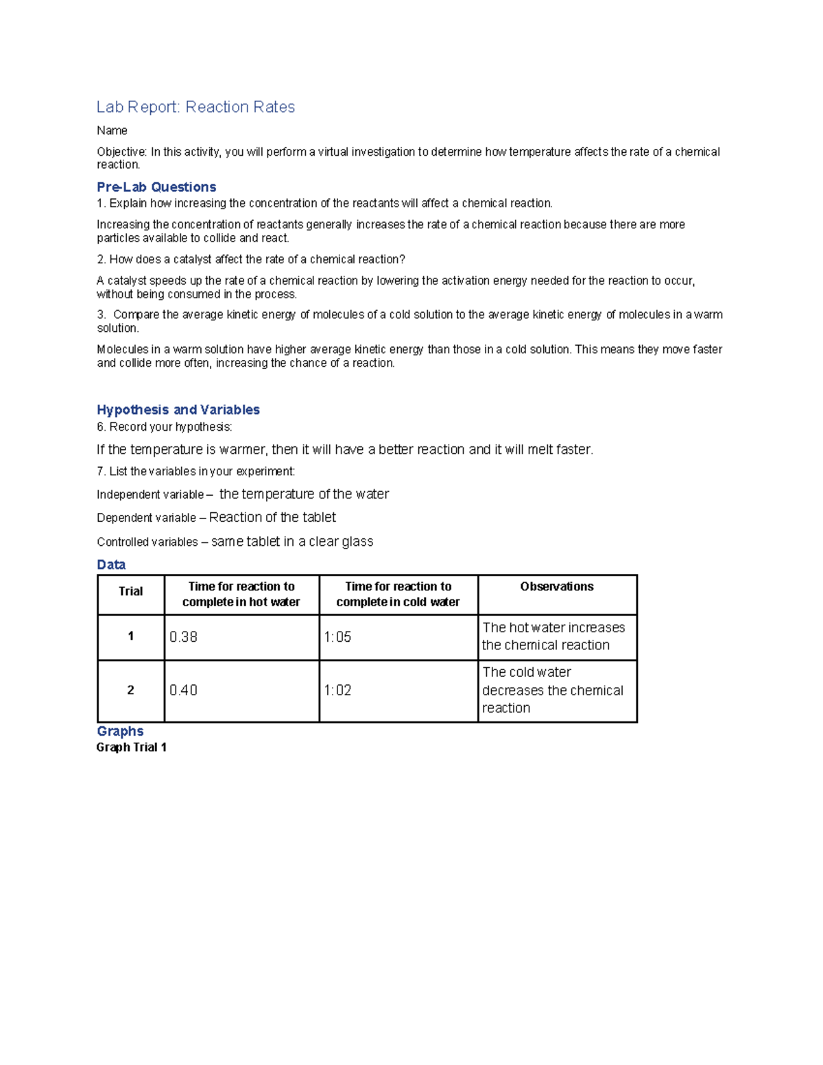 6.05 Physical Science Lab Report: Investigating Reaction Rates - Studocu