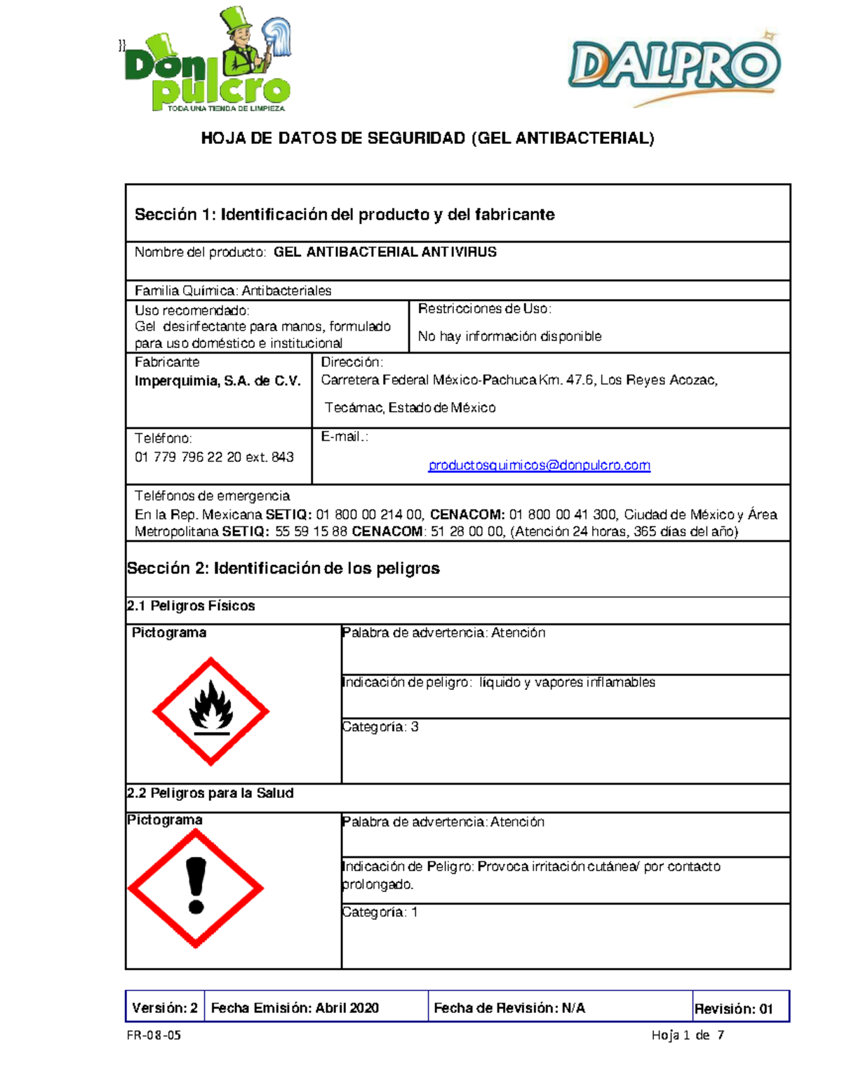 Hoja de seguridad-GEL- Antibacterial - HOJA DE DATOS DE SEGURIDAD (GEL ANTIBACTERIAL) Sección 1 ...