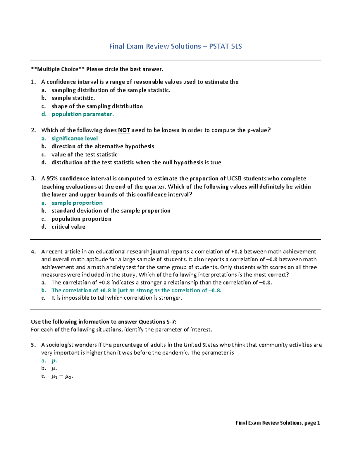Final Exam Review Solutions – PSTAT 5LS - Studocu