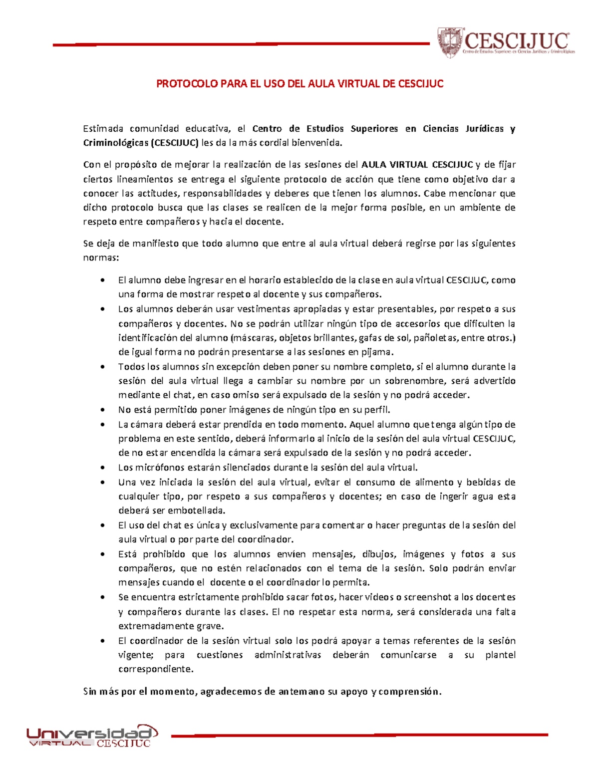 Protocolo Uso Aula Virtual CESCIJUC: Normas y Responsabilidades - Studocu