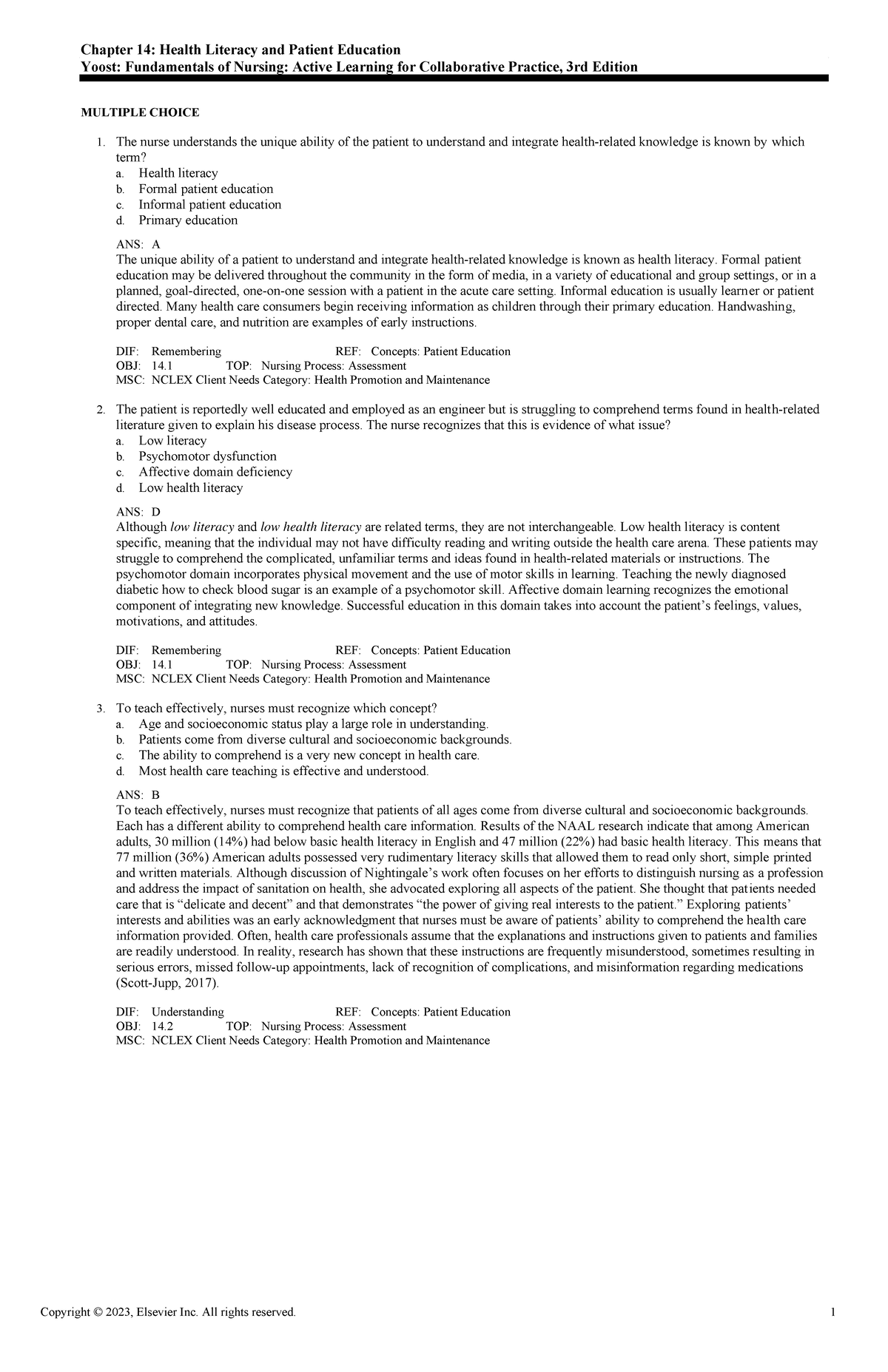 Exam View - Chapter 14 - Health Literacy & Patient Education Quiz - Studocu