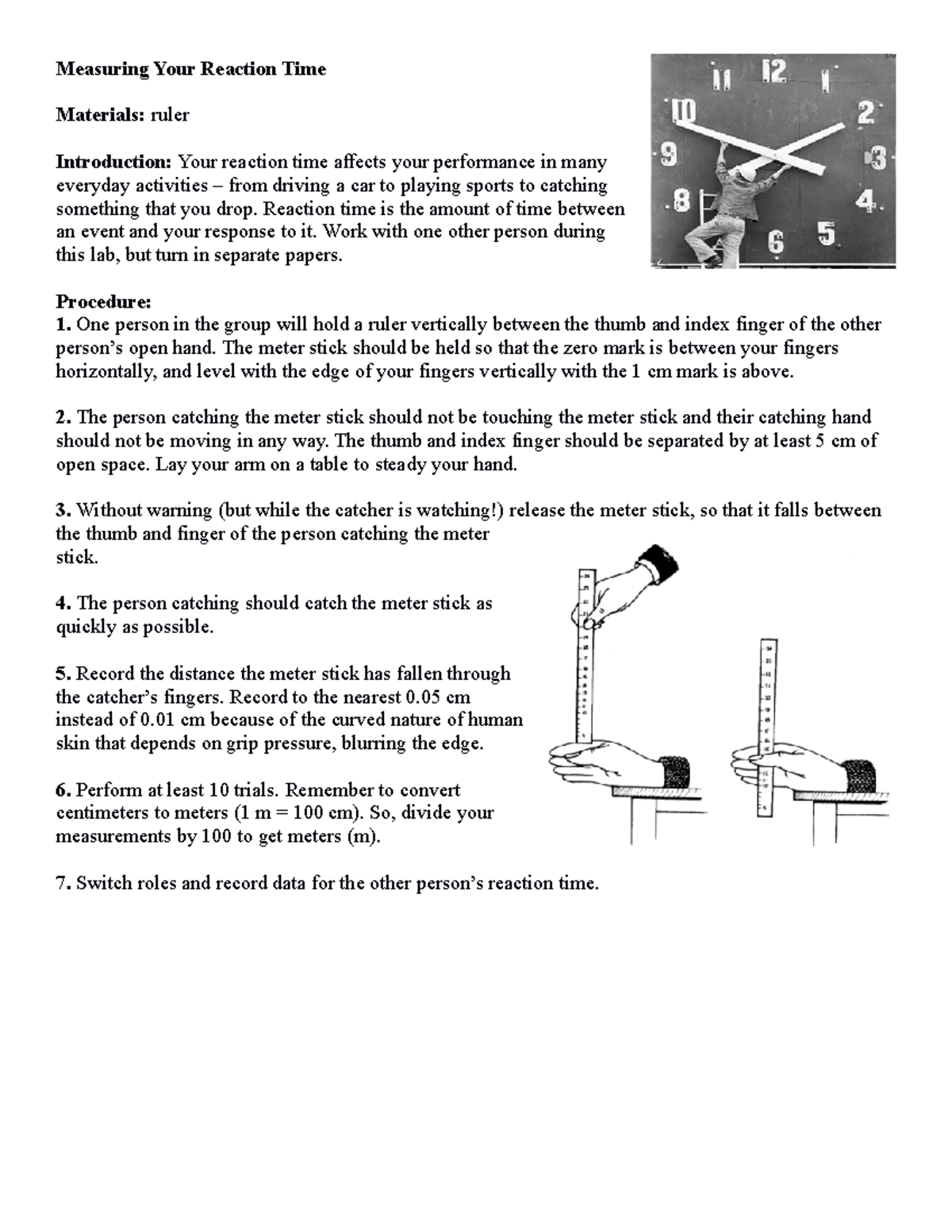 Reaction Time Lab Activity - Measuring Your Reaction Time Materials ...