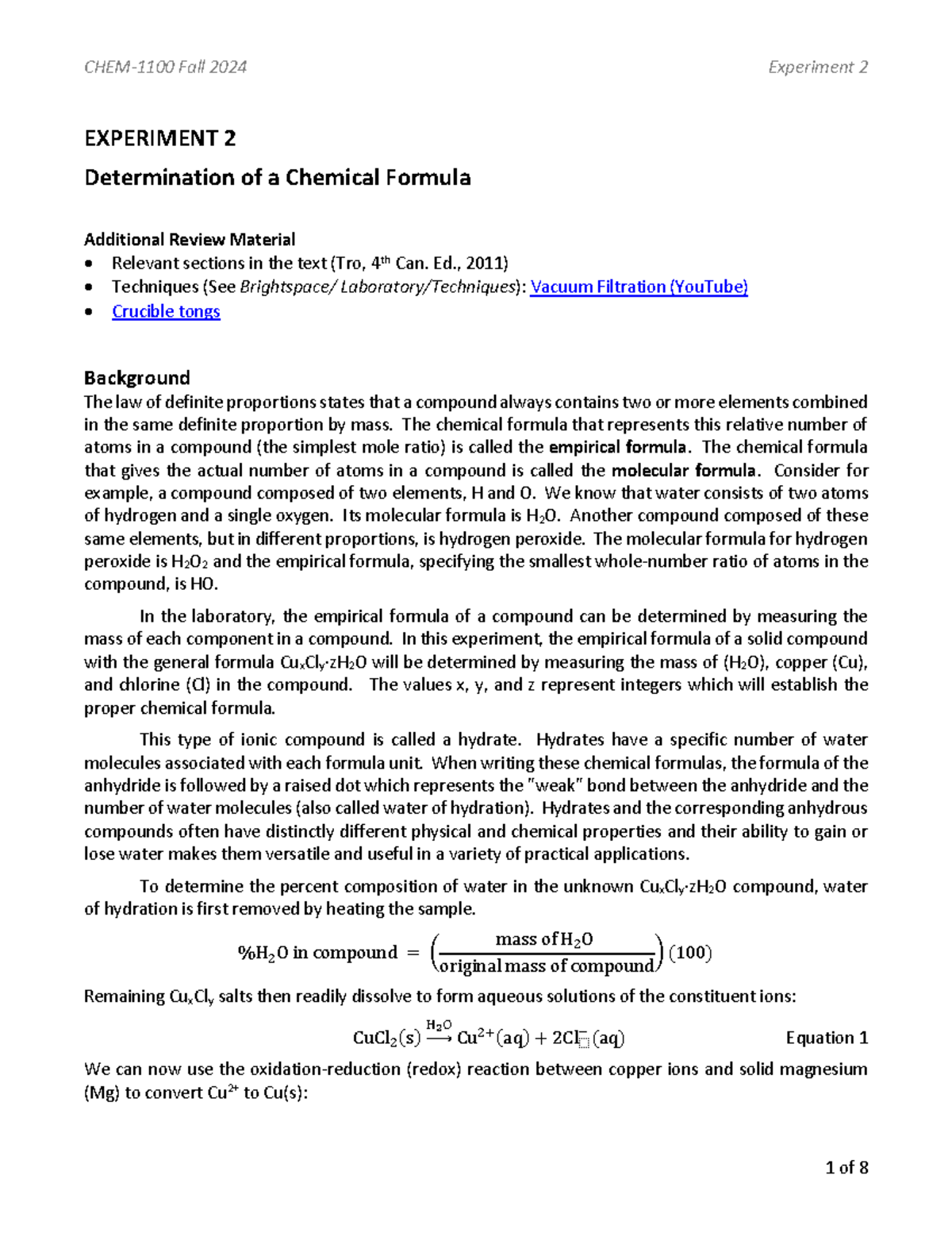 Fall 2024 Experiment 2: Determining a Chemical Formula and Hydrate ...