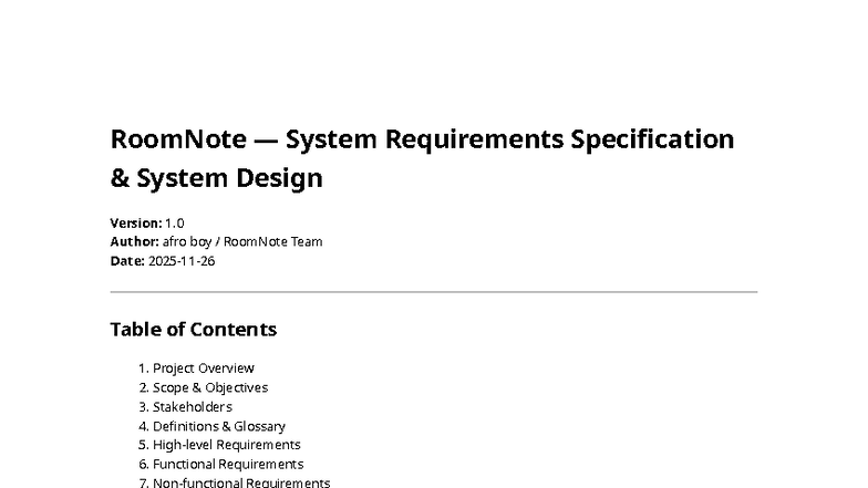 RoomNote System Design & SRS Document v1.0 - Studocu