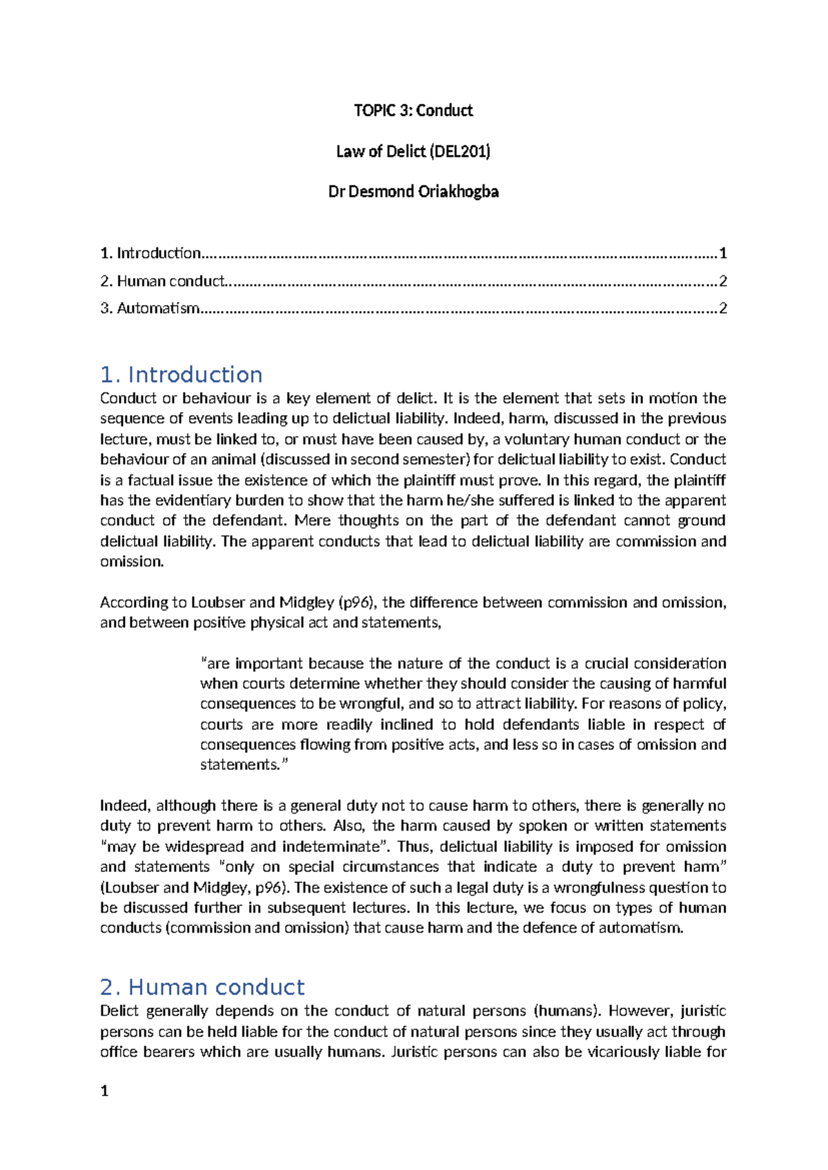 Topic 3 - LECTURE NOTES - TOPIC 3: Conduct Law of Delict (DEL201) Dr ...