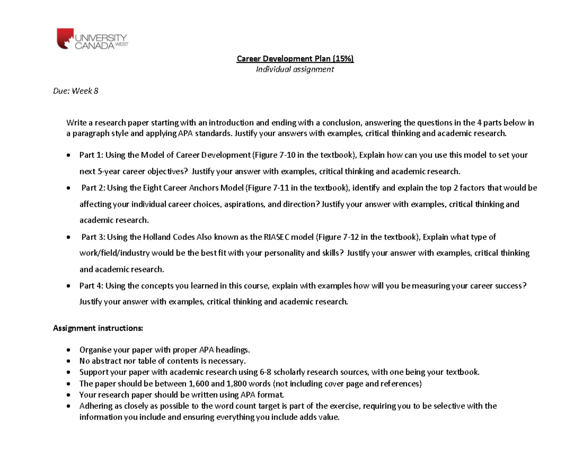 Career Development Plan Assignment (Course Code: TBD) - Summer 2023 ...