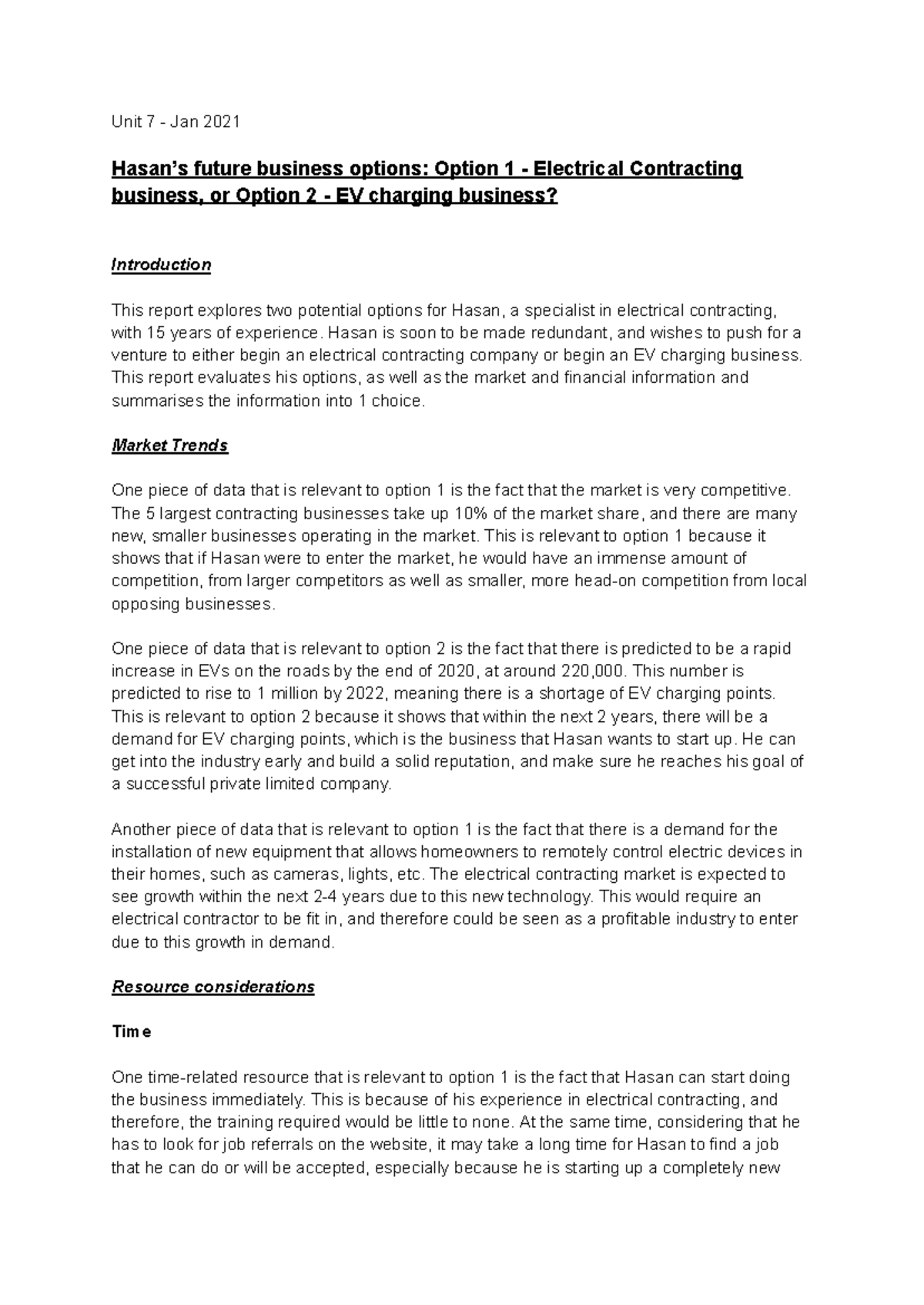 Unit 7 Report: Evaluating Business Options for Hasan - Electrical vs ...