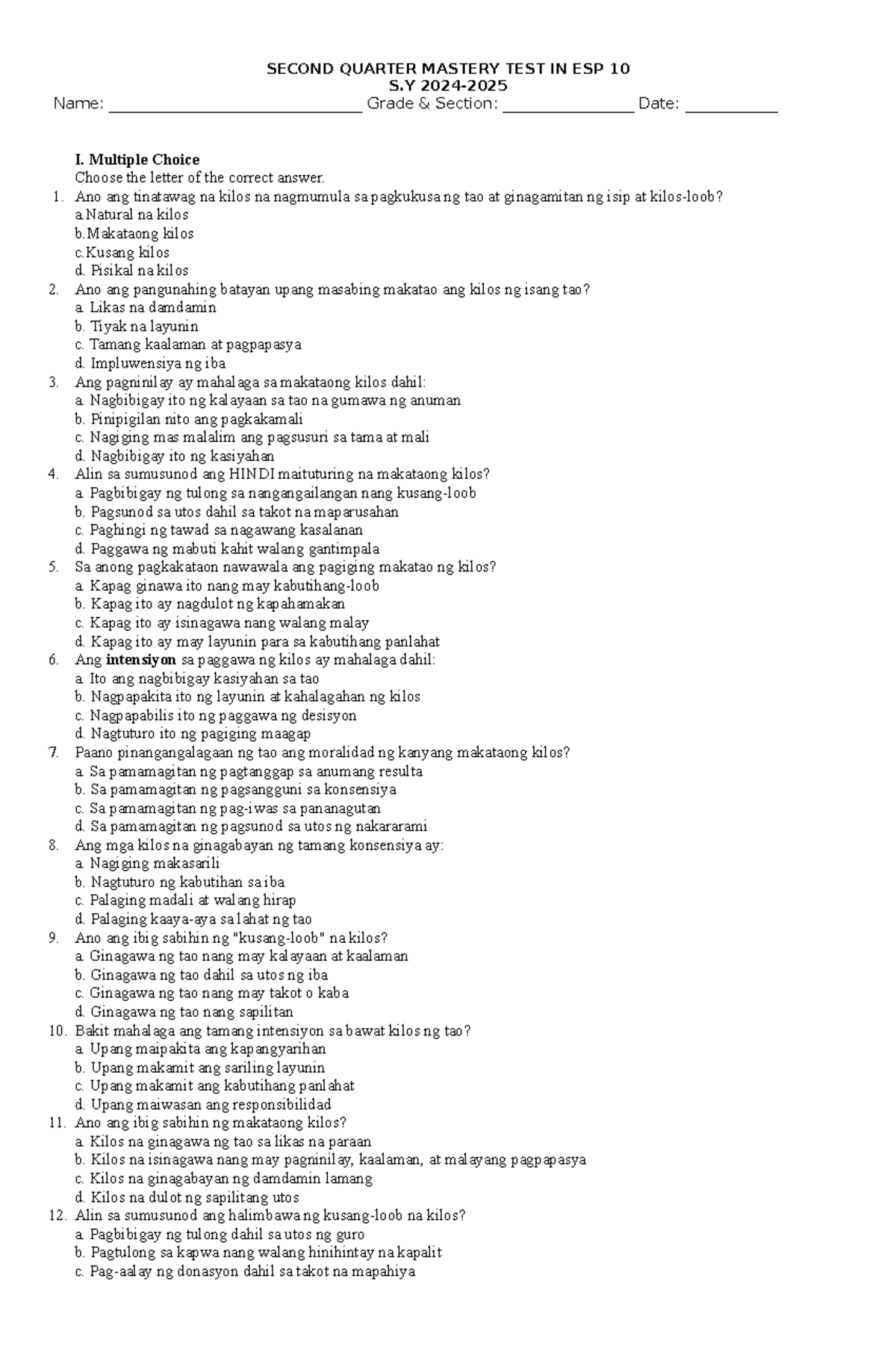 ESP 2nd Mastery Test - SECOND QUARTER MASTERY TEST IN ESP 10 S 2024 ...