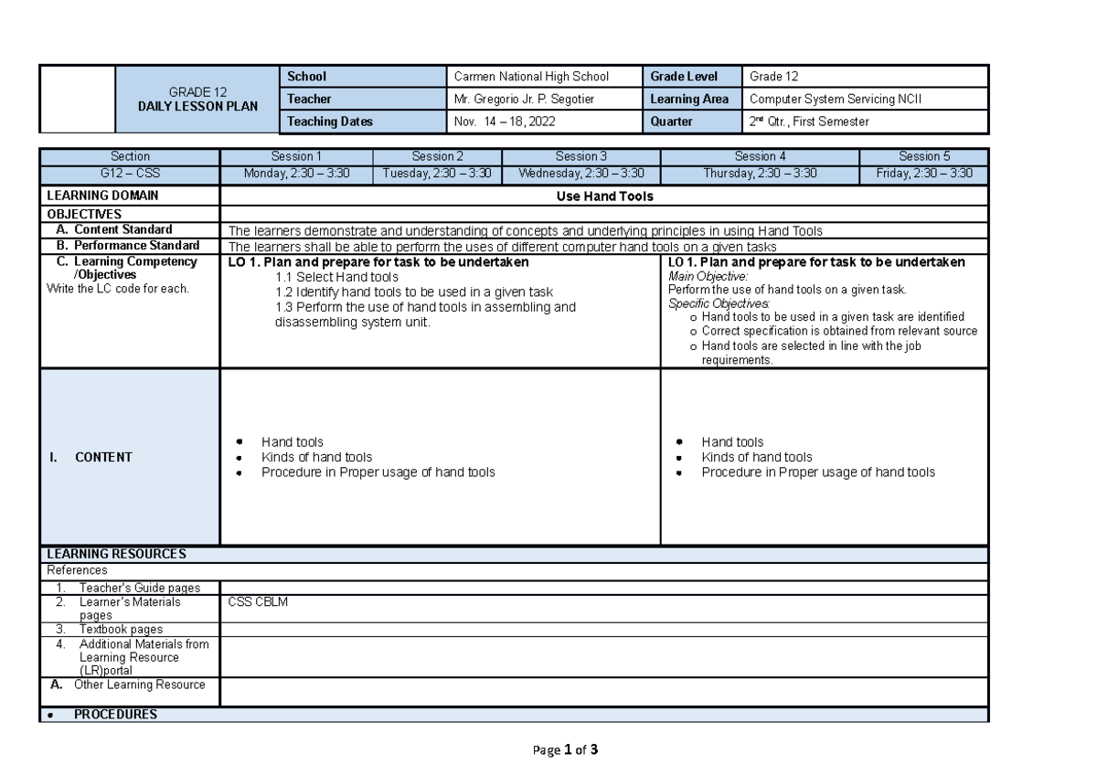 Lesson plan in CSS NCII Week 5 - GRADE 12 DAILY LESSON PLAN School Carmen National High School ...