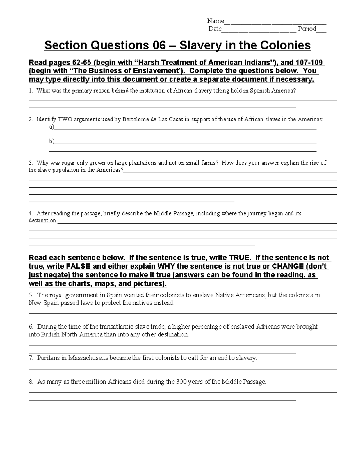 HIST 101: Section Questions on Slavery in the Colonies Analysis - Studocu