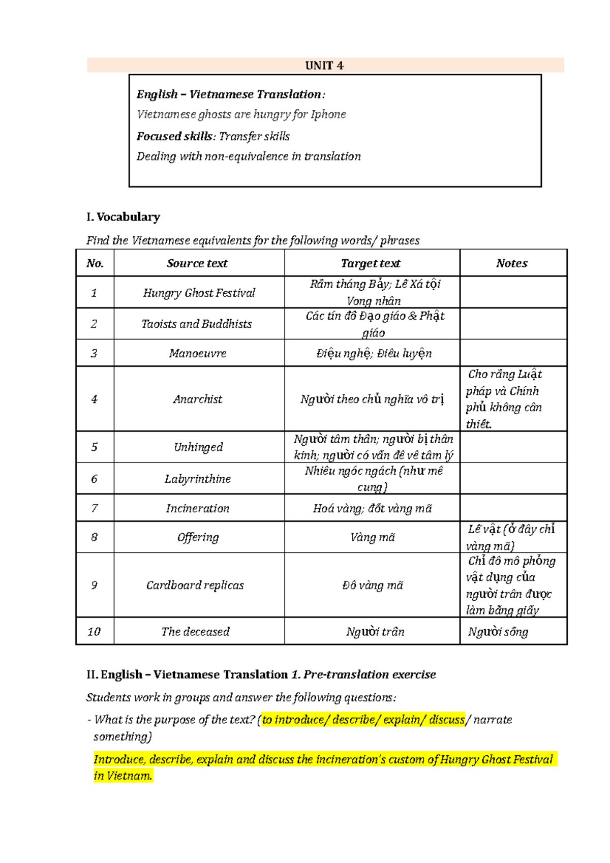 UNIT 4 - Translation Practice: English to Vietnamese Techniques - Studocu