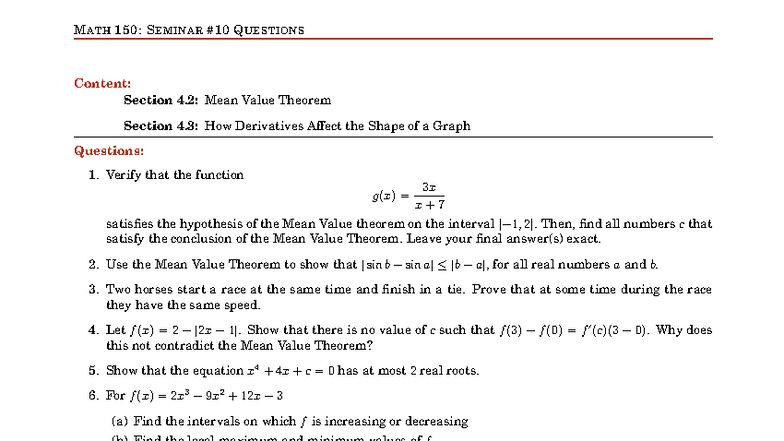 MATH 150: Seminar Questions on Mean Value Theorem and Graphs - Studocu