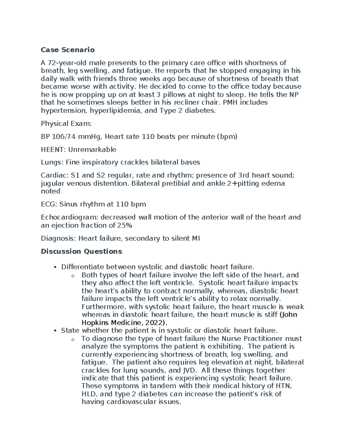 Week 2 Case Study: Heart Failure Diagnosis and Management Techniques - Studocu