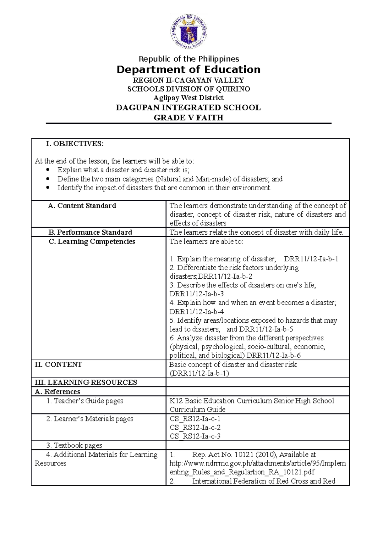 DRR Integration IN Lesson PLAN in summer - Numerical Methods - UE - Studocu
