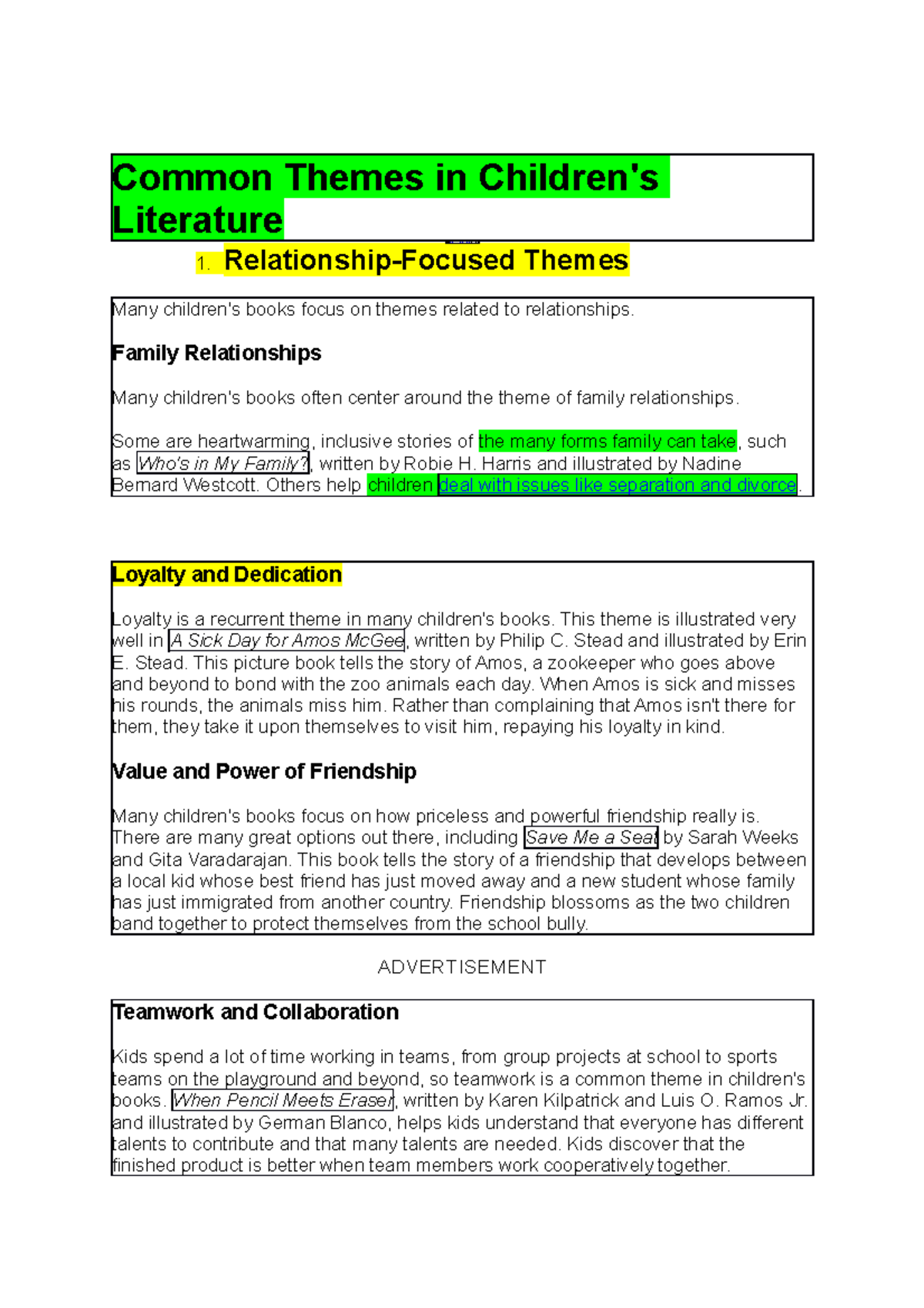 Common Themes in Children's Literature: An Overview for ELT 101 - Studocu