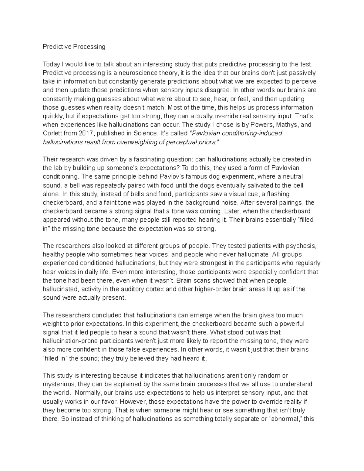 Predictive Processing and Hallucinations: Insights from Powers et al ...
