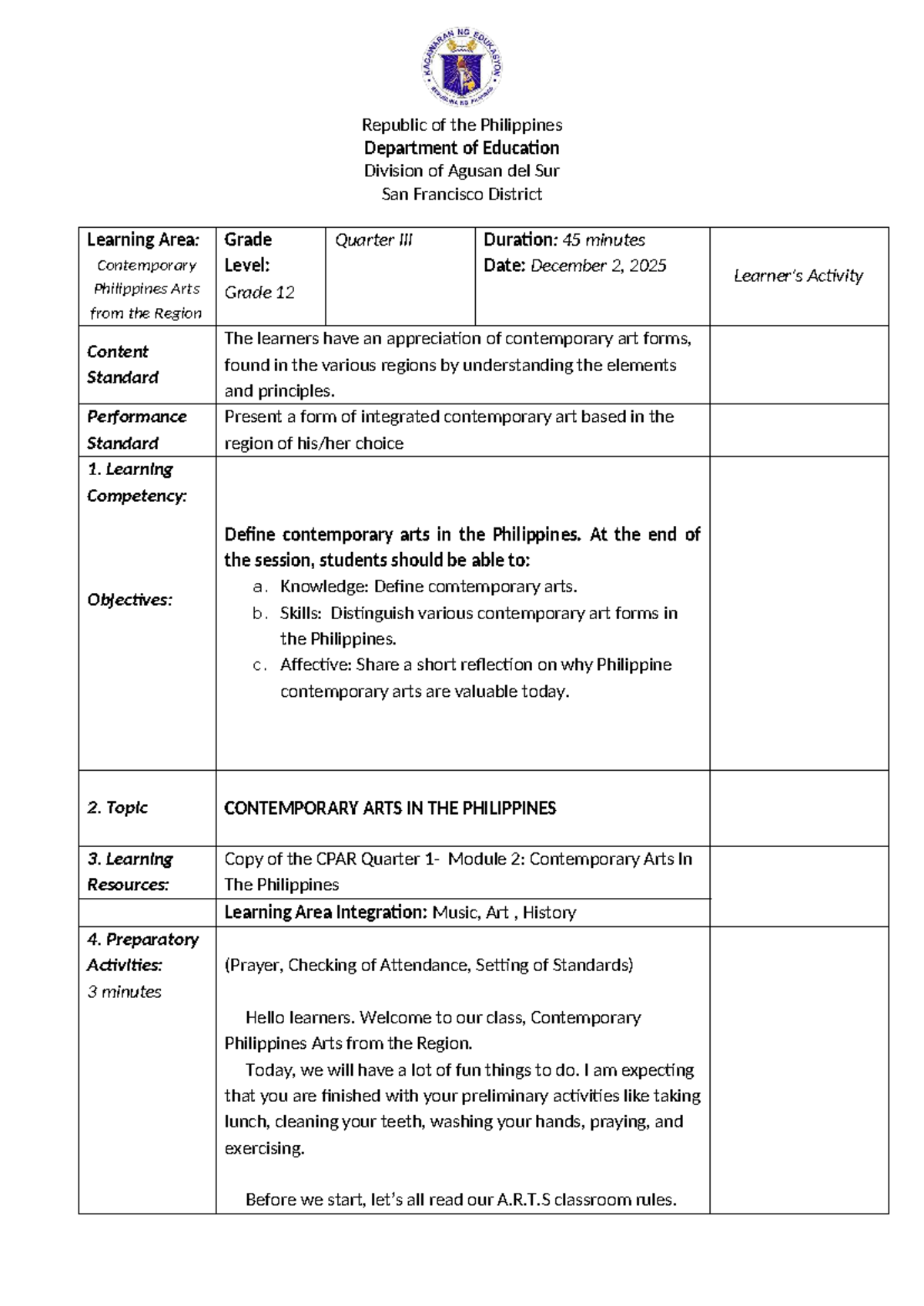 Grade 12 Lesson Plan: Contemporary Arts in the Philippines (CPAR) - Studocu