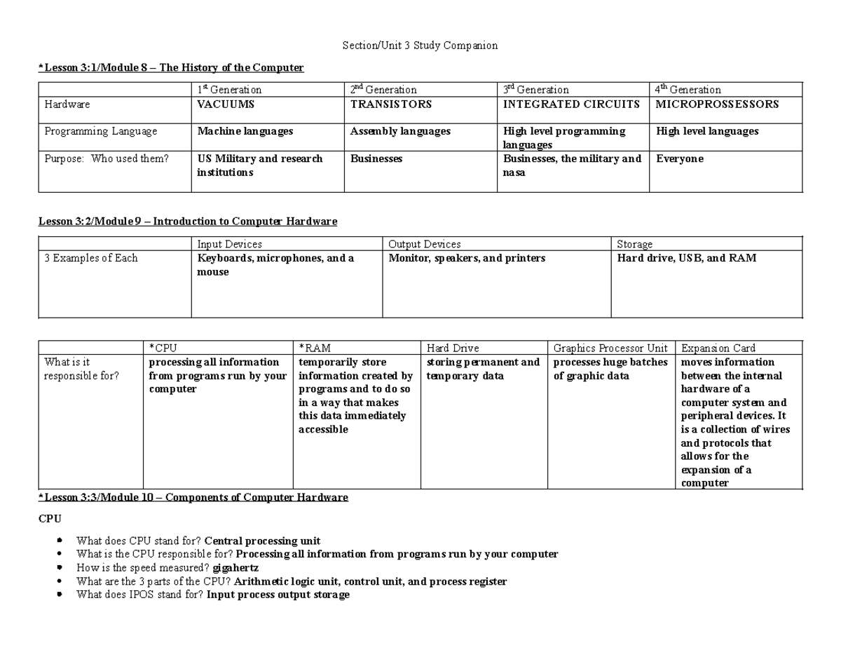 UNIT 3 Study Companion - Section/Unit 3 Study Companion *Lesson 3:1 ...